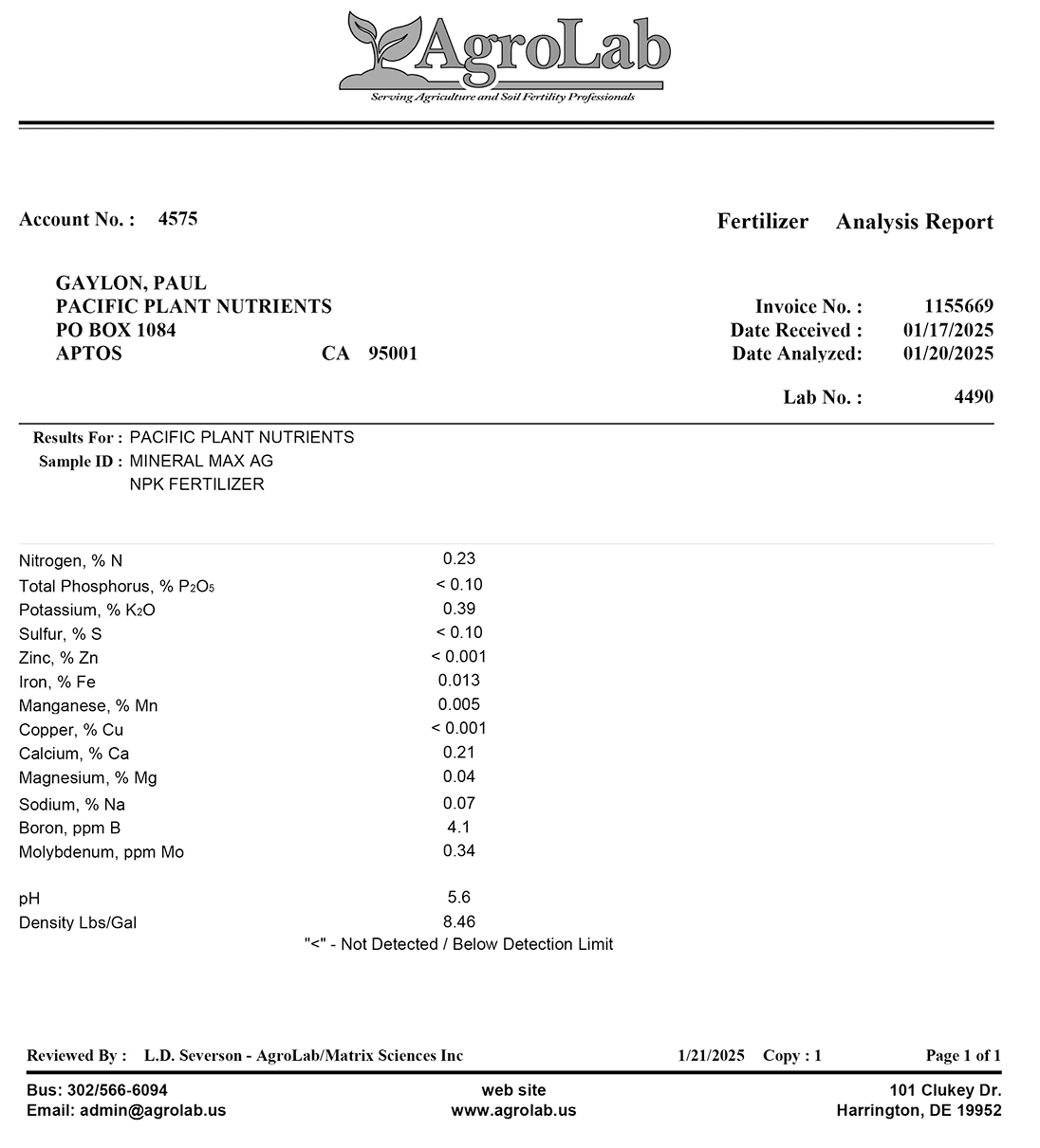 Product Analysis - Pacific Plant Nutrients